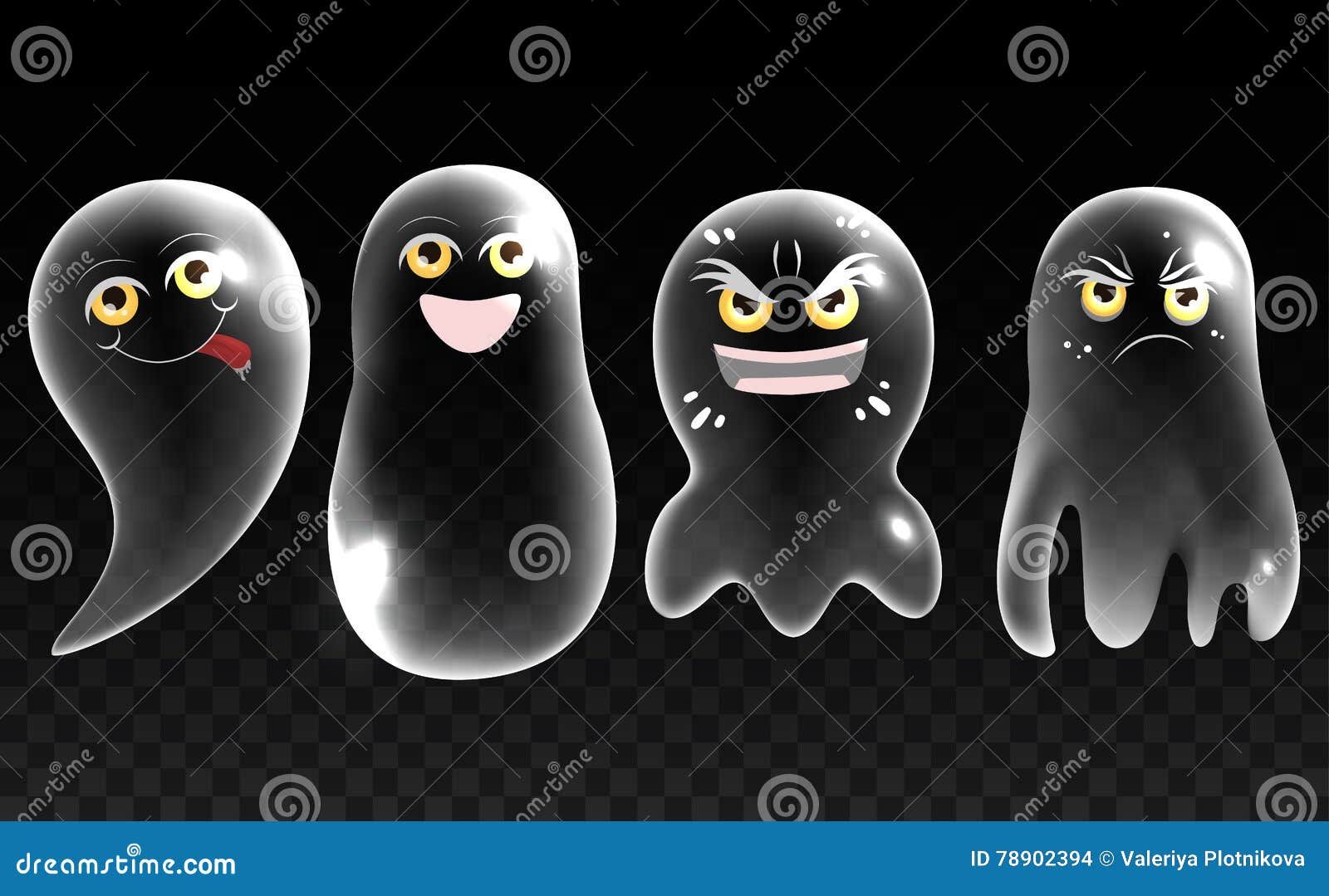Set of Transparent White Ghosts with Cartoon Faces. Stock Vector ...