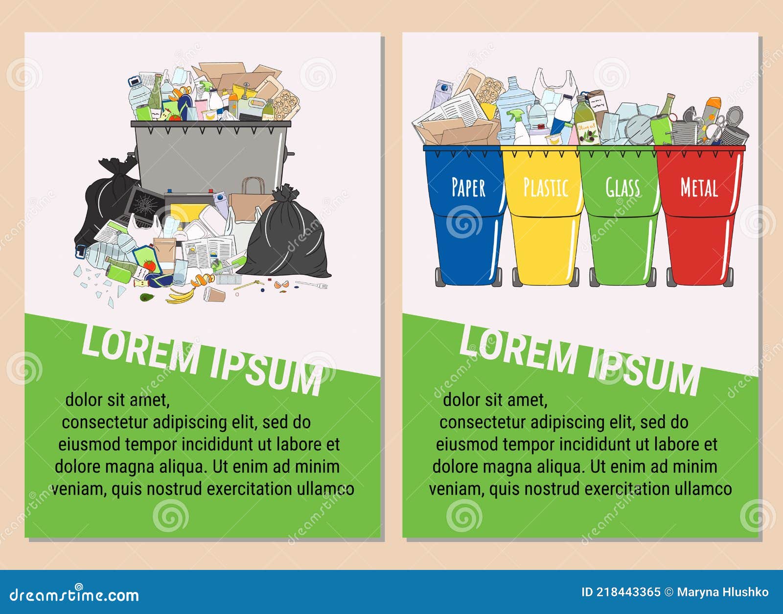 Set of Trash Bins with Mixed and Sorted Garbage Banners. Waste Sorting ...