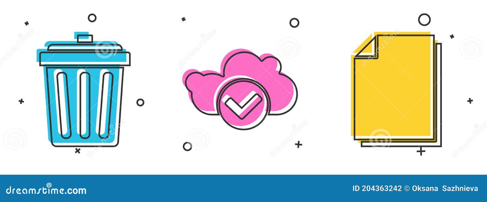 Set Trash Can, Cloud with Check Mark and Document Icon. Vector Stock ... Set Trash Can, Cloud with Check Mark and Document Icon. Vector Stock ...