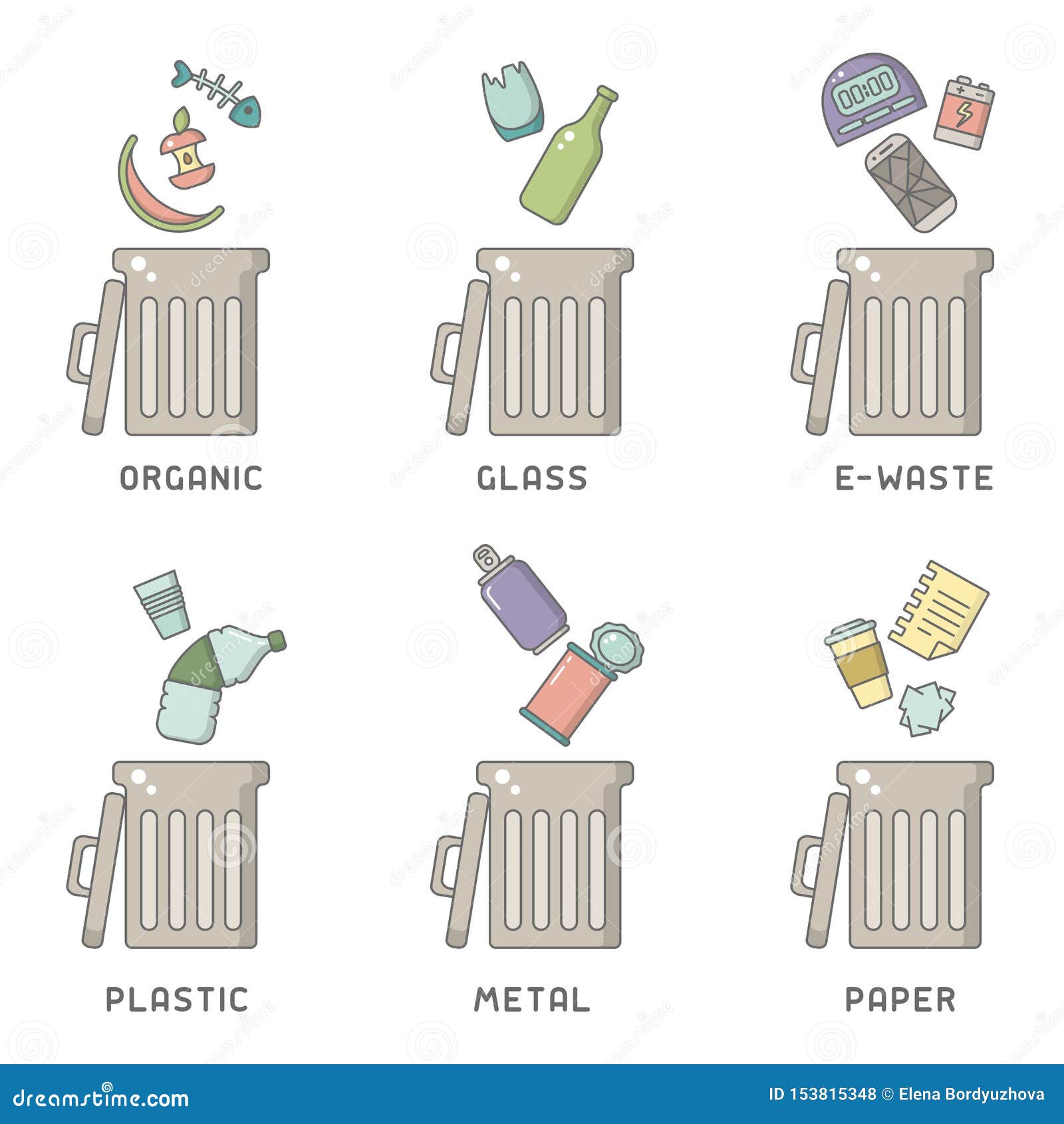 Set of Trash Can Icons with Different Types of Waste Stock Vector ...