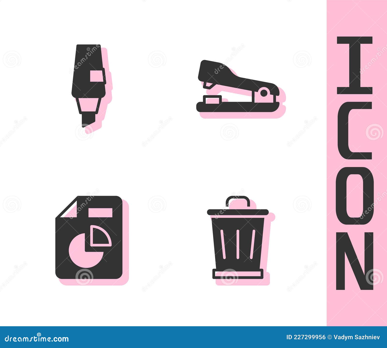 Set Trash Can, Marker Pen, Document with Graph Chart and Stapler Icon ...