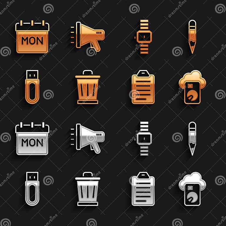 Set Trash Can, Pencil, Cloud Database, To Do List or Planning, USB ... Set Trash Can, Pencil, Cloud Database, To Do List or Planning, USB ...