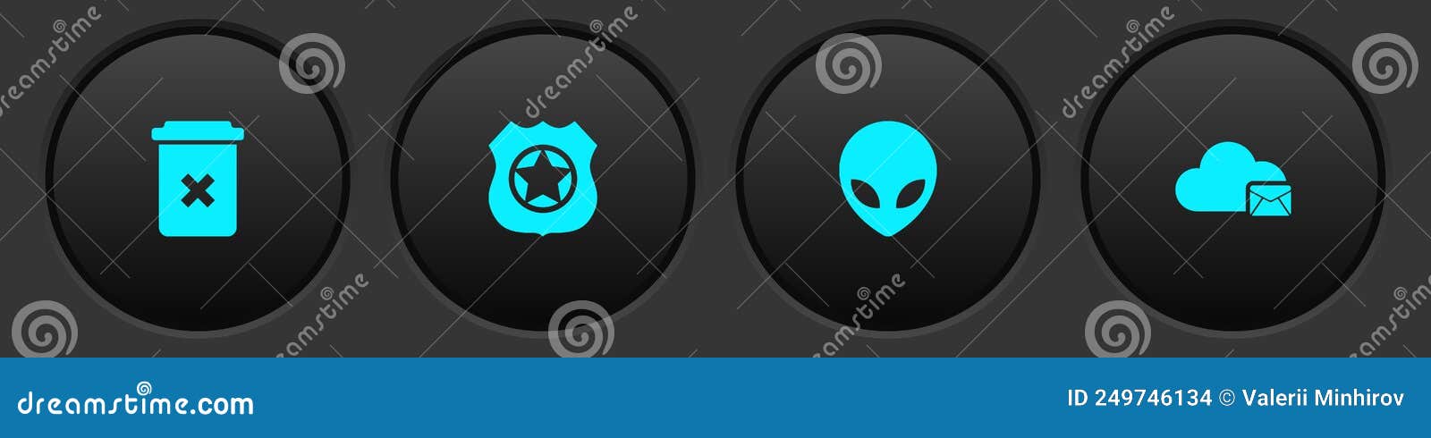 Set Trash Can, Police Badge, Alien and Cloud Mail Server Icon. Vector ... Set Trash Can, Police Badge, Alien and Cloud Mail Server Icon. Vector ...