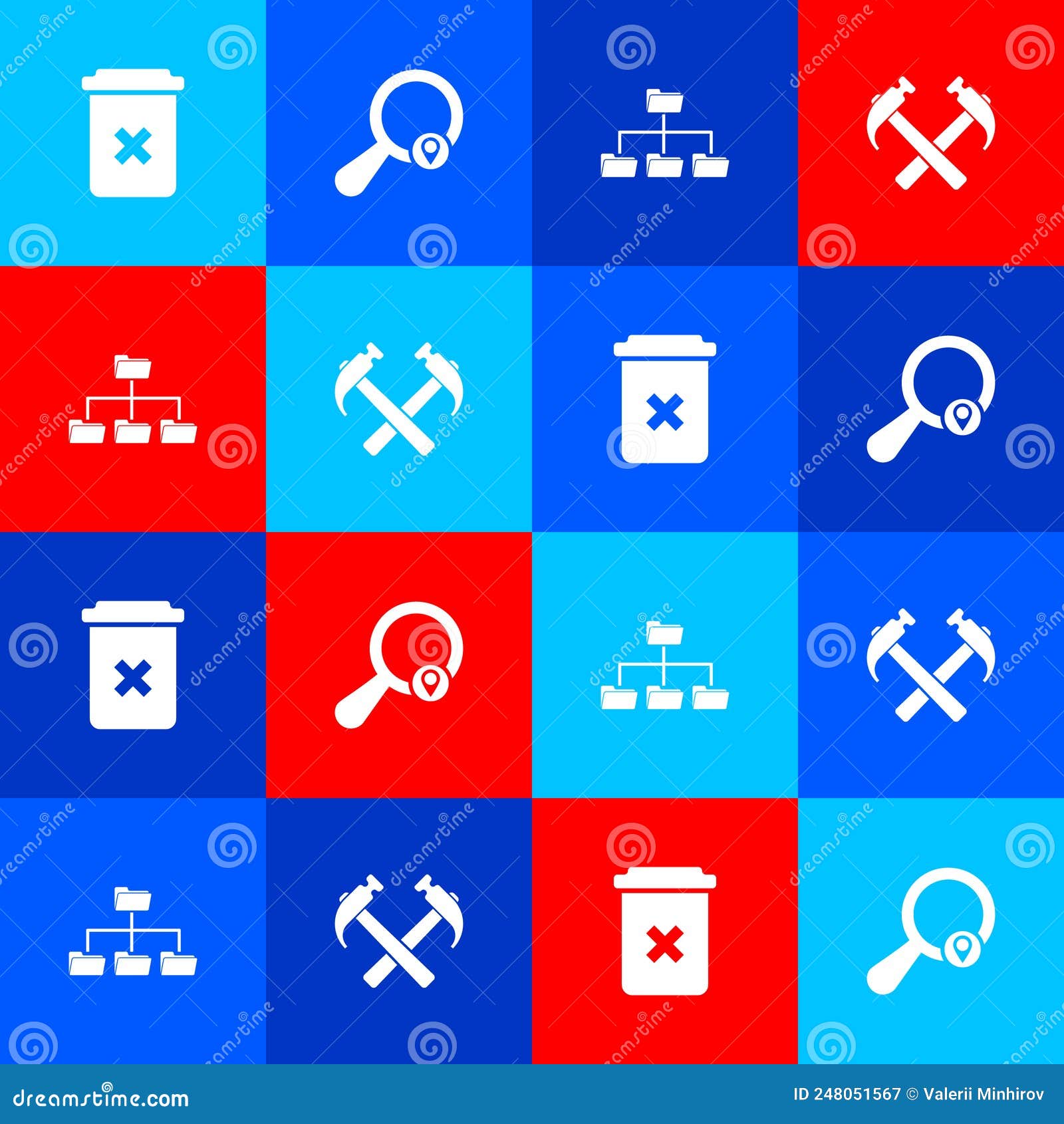Set Trash Can, Search Location, Folder Tree and Two Crossed Hammers Icon. Vector Stock Vector ...