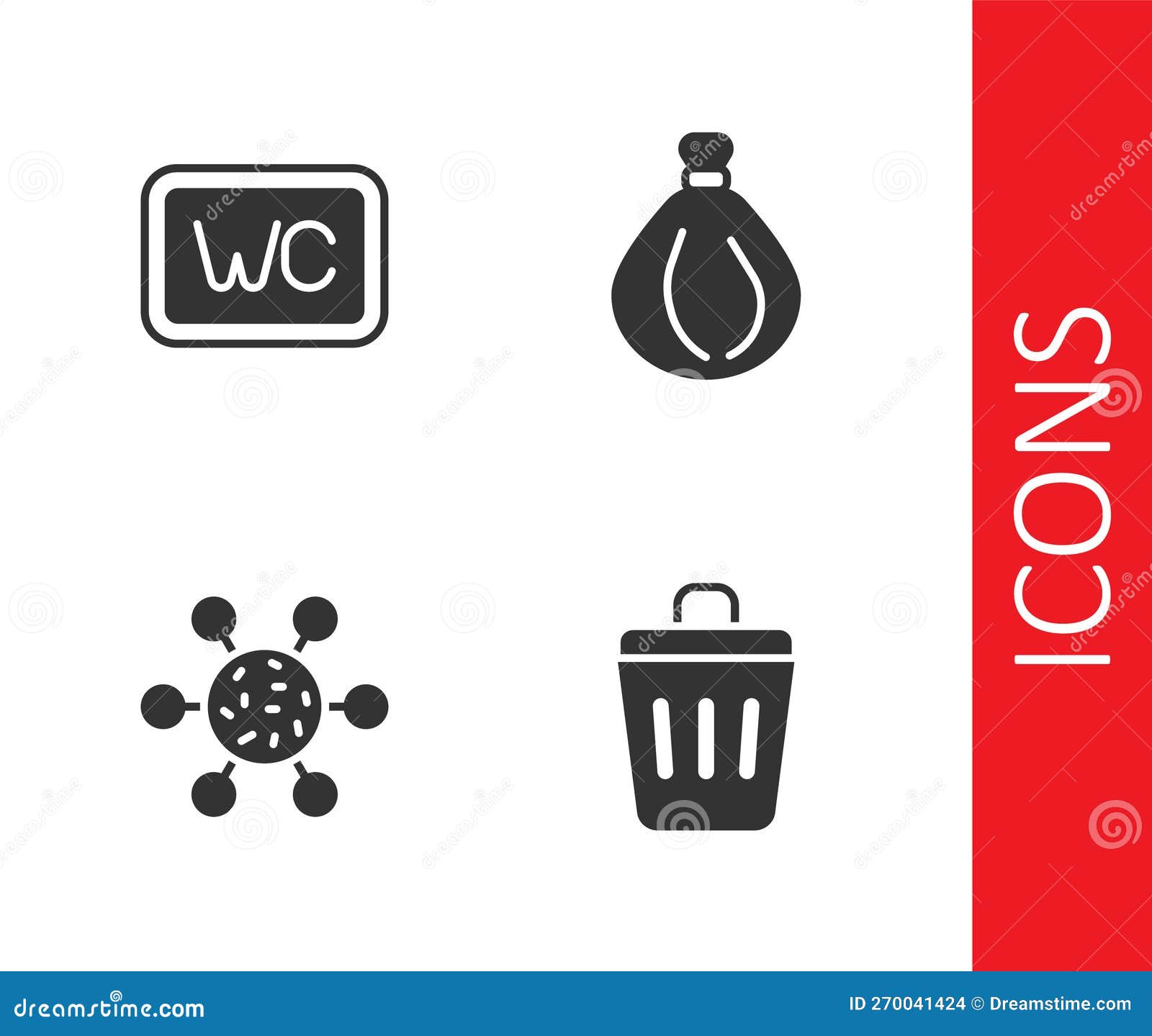 Set Trash Can, Toilet, Bacteria and Garbage Bag Icon. Vector Stock ...