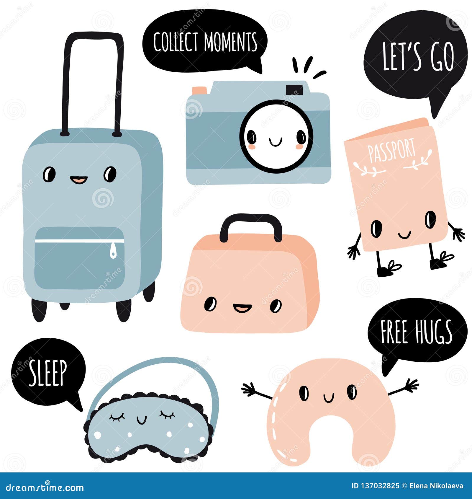 Set of Travel Kawaii Objects with Different Cute Faces Stock Vector ...