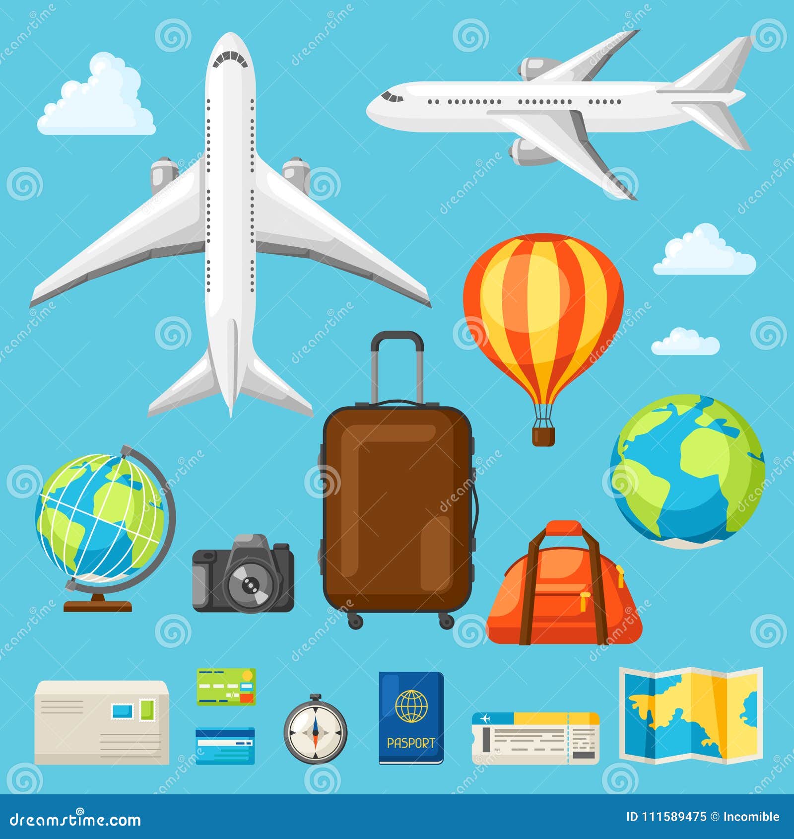Set of Travel Objects in Flat Style Stock Vector - Illustration of ...