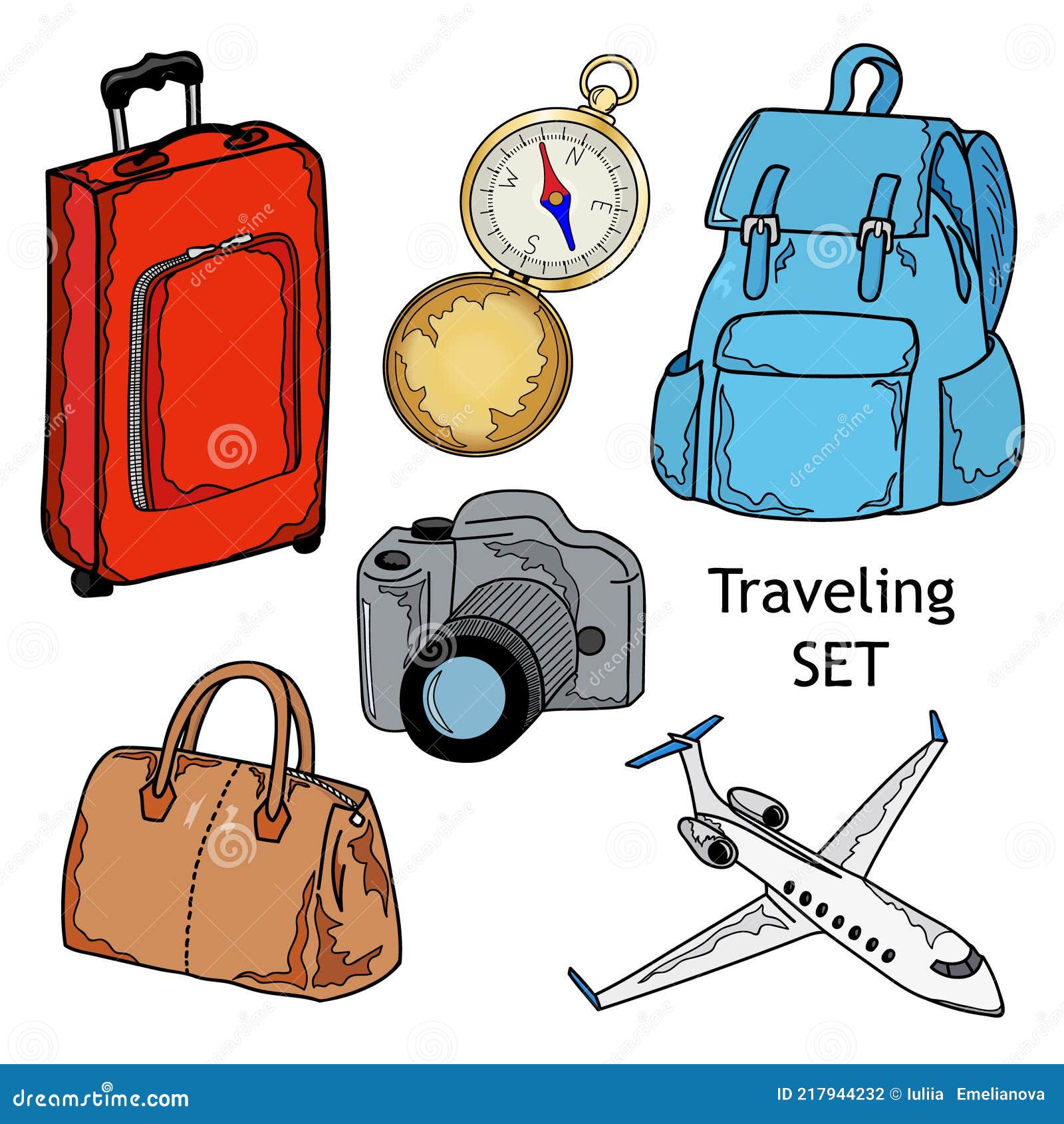 Set of Travel Objects. Hand Drawing of Design Elements. Illustration on ...