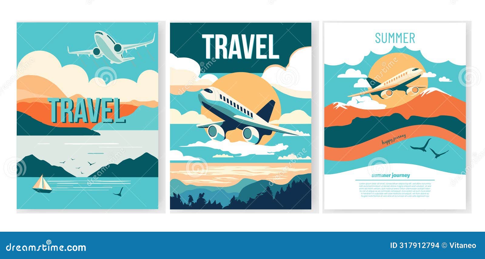 Set of Travel Posters with Airplane, Mountains and Clouds. Stock Vector ...