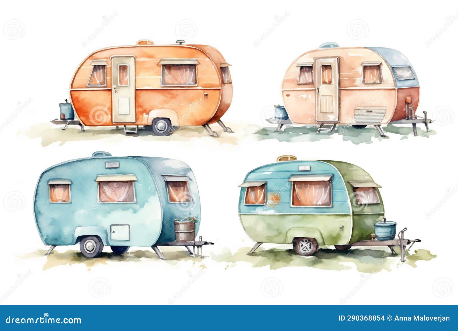 Set of Travel Trailer Caravans with Different Decorations. Objects on ...