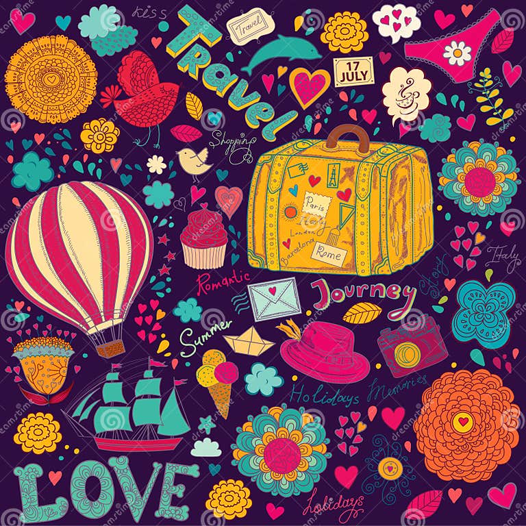 Set of travelling symbols stock vector. Illustration of journey - 25819006