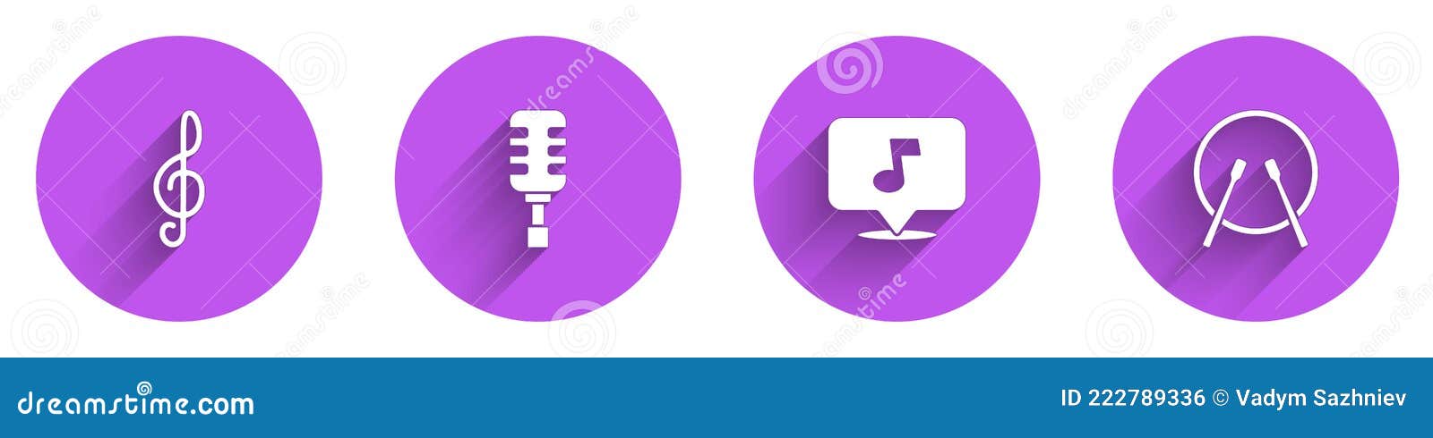 Set Treble Clef, Microphone, Music Note, Tone and Drum and Drum Sticks ...