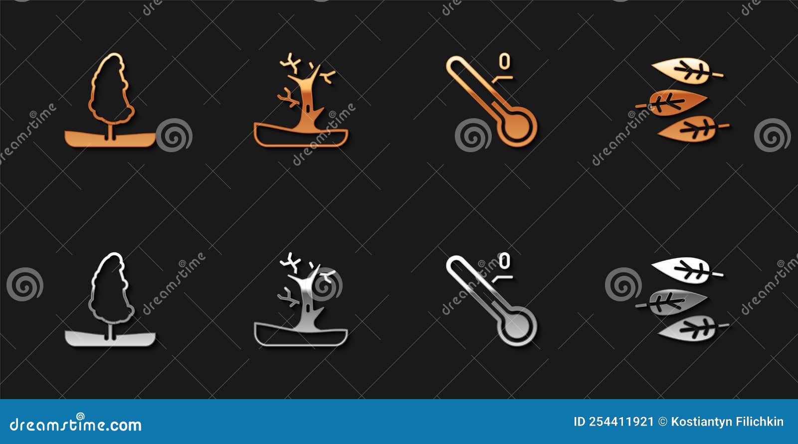 Set Tree, Bare Tree, Meteorology Thermometer and Leaf Leaves Icon ...