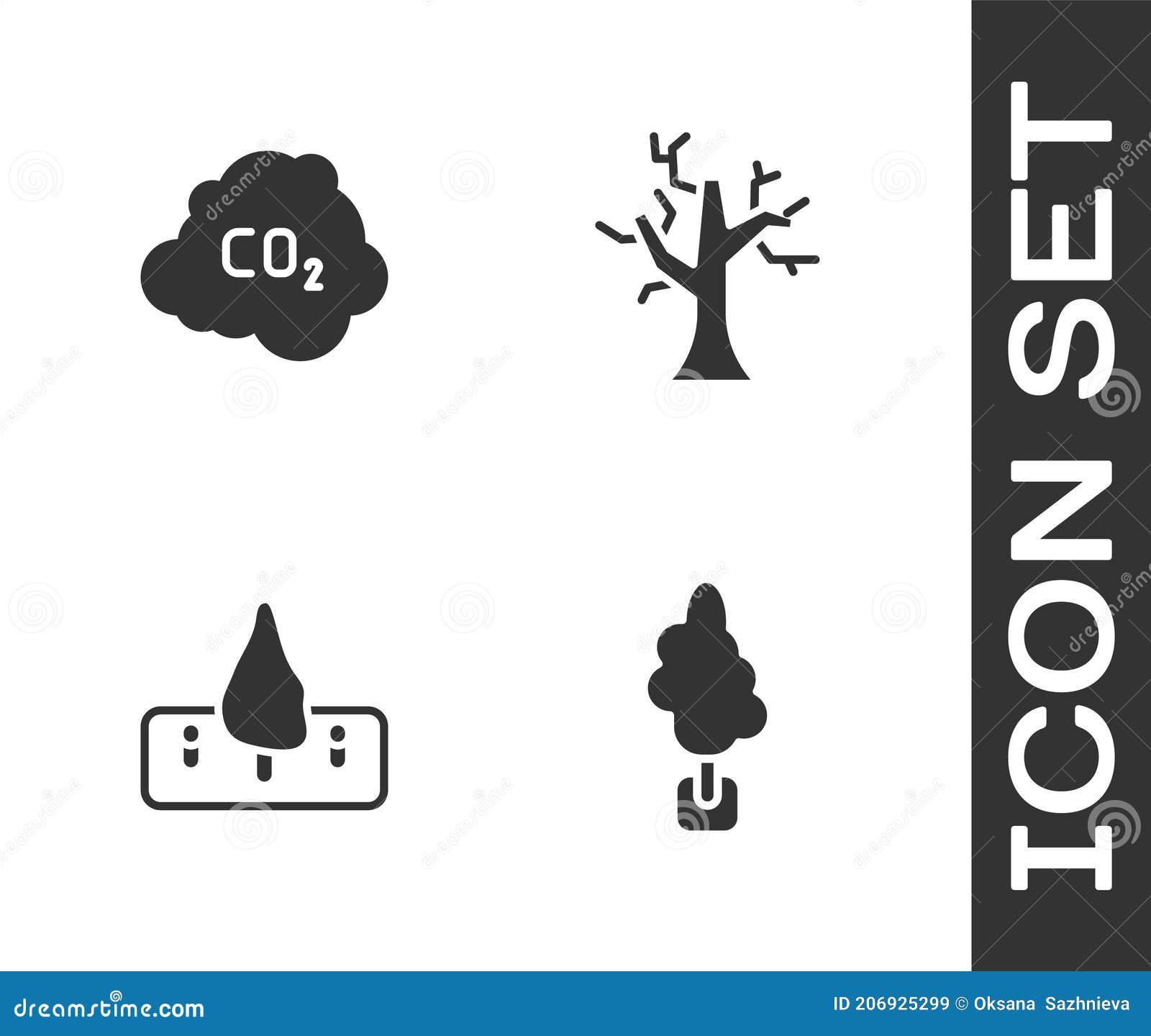 Set Tree, CO2 Emissions In Cloud, Deforestation And Withered Tree Icon ...