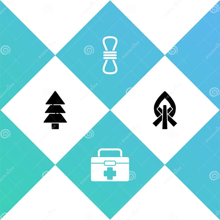Set Tree, First Aid Kit, Climber Rope and Campfire Icon. Vector Stock ...