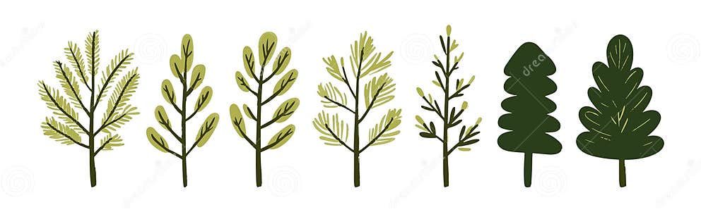 Set of Tree and Leaf Collection Hand Drawn Flat Design Vector Element ...