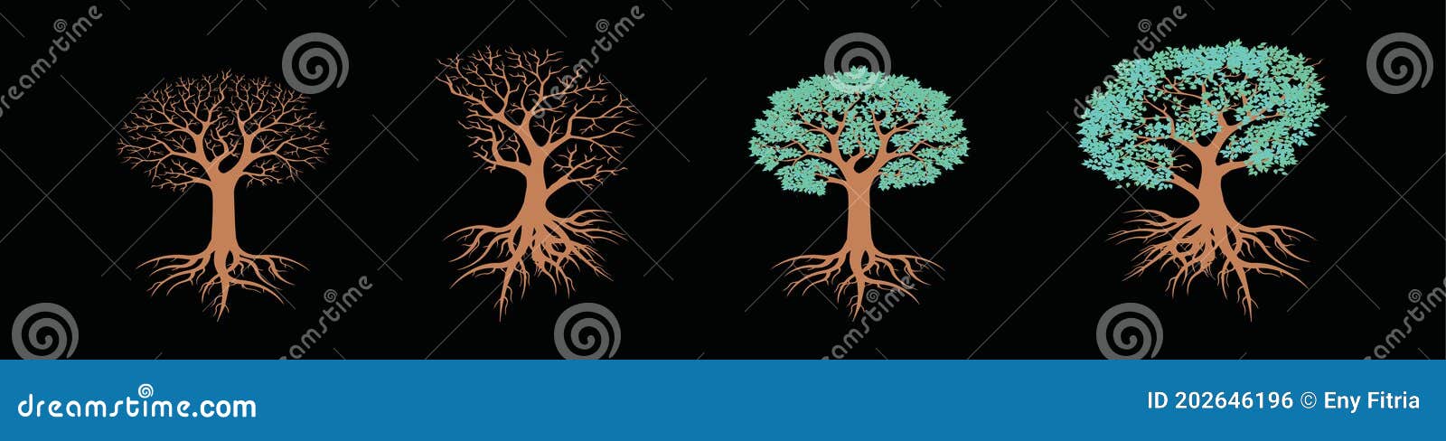 Set of Tree with Roots in Various Models. Modern Cartoon Icon Design ...