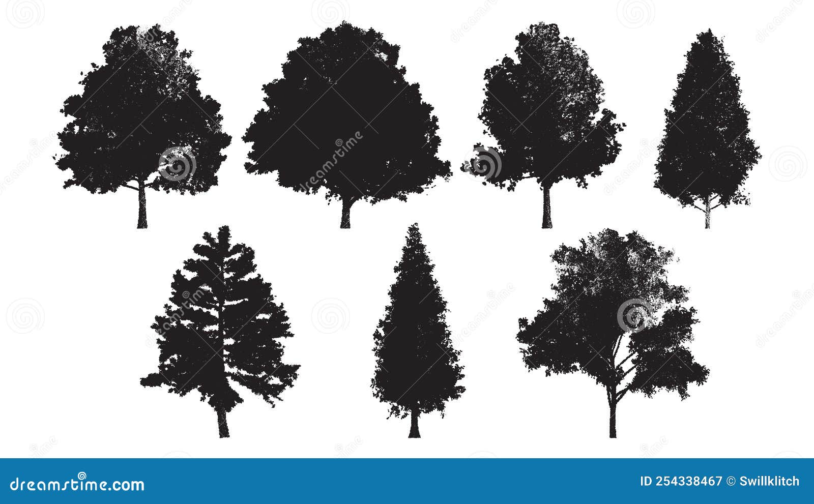 Set of Tree Silhouettes in Dotwork Style. for the Forest or Park ...