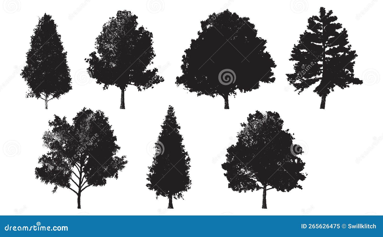 Set of Tree Silhouettes in Dotwork Style. for the Forest or Park ...