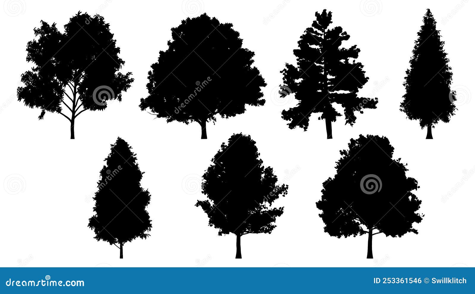 Set Of Tree Silhouettes For The Forest Or Park Background. Cedar, Oak ...