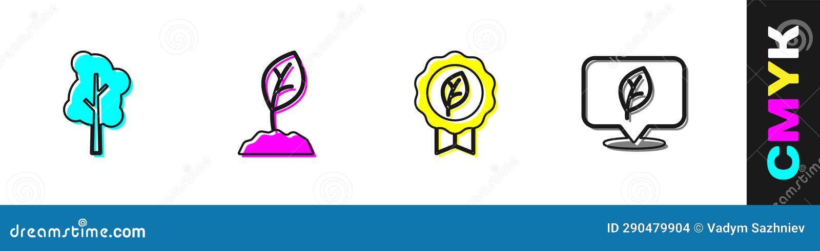 Set Tree, Sprout, Leaf Eco Symbol and Location with Leaf Icon. Vector ...