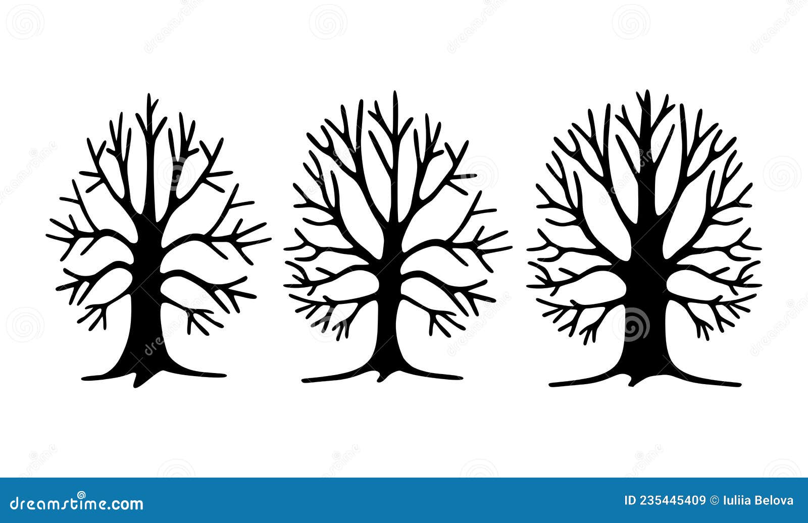 Set of 3 Trees with Branches without Leaves and Roots. Winter Pattern ...