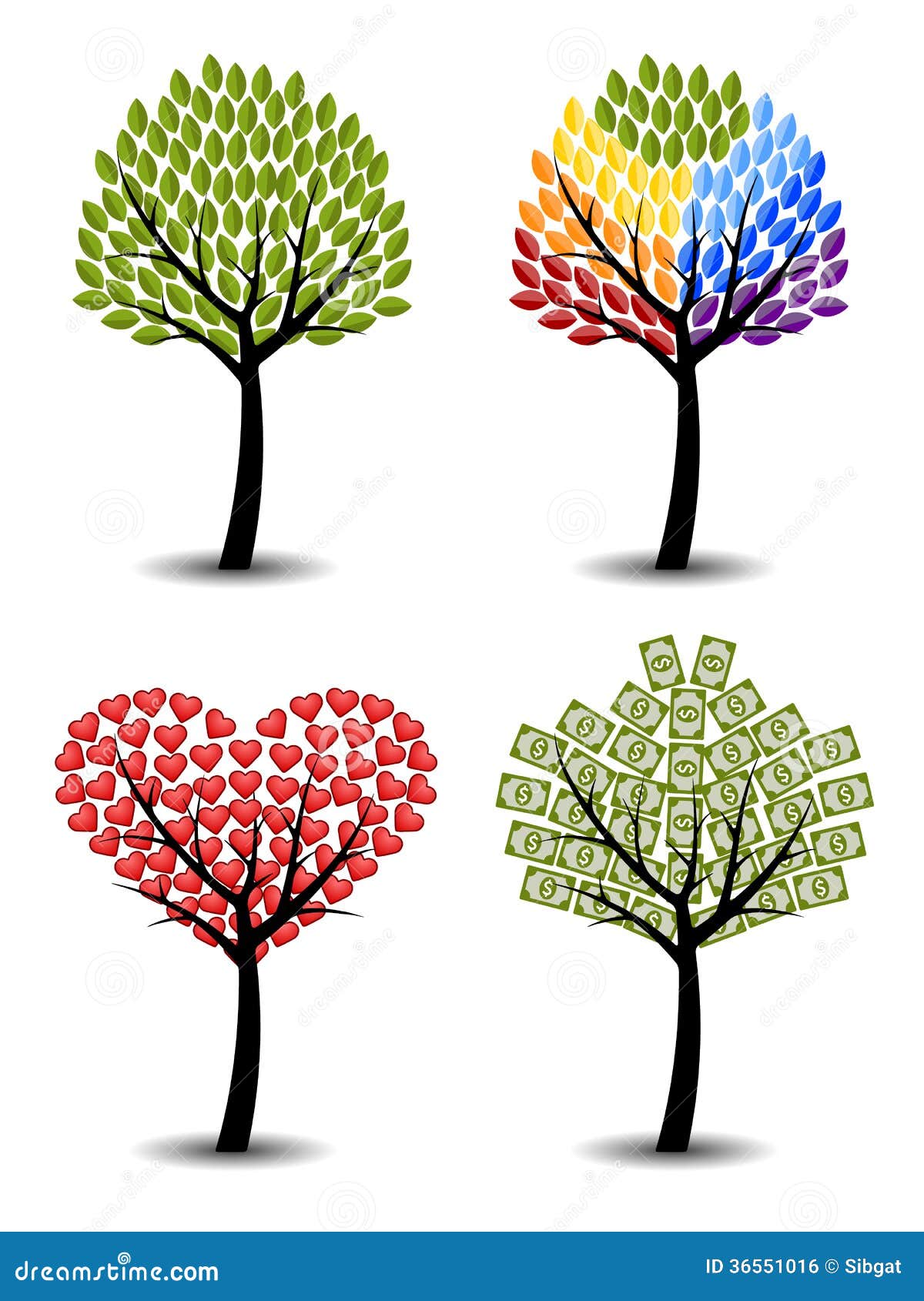 Set of Trees. Eco, Rainbow, Hearts, Money. Stock Vector - Illustration ...