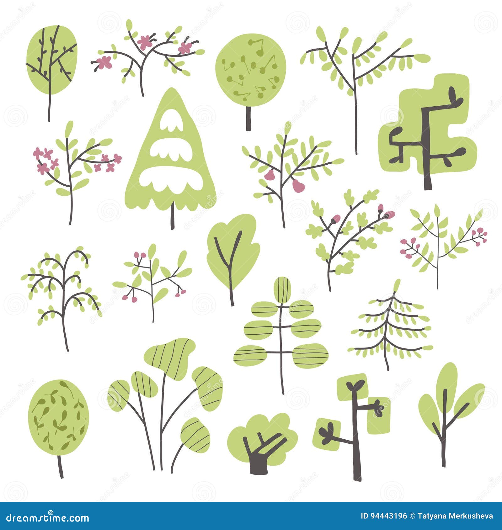 Set of Trees and Shrubs in Simple Doodle Style. Vector Isolated ...