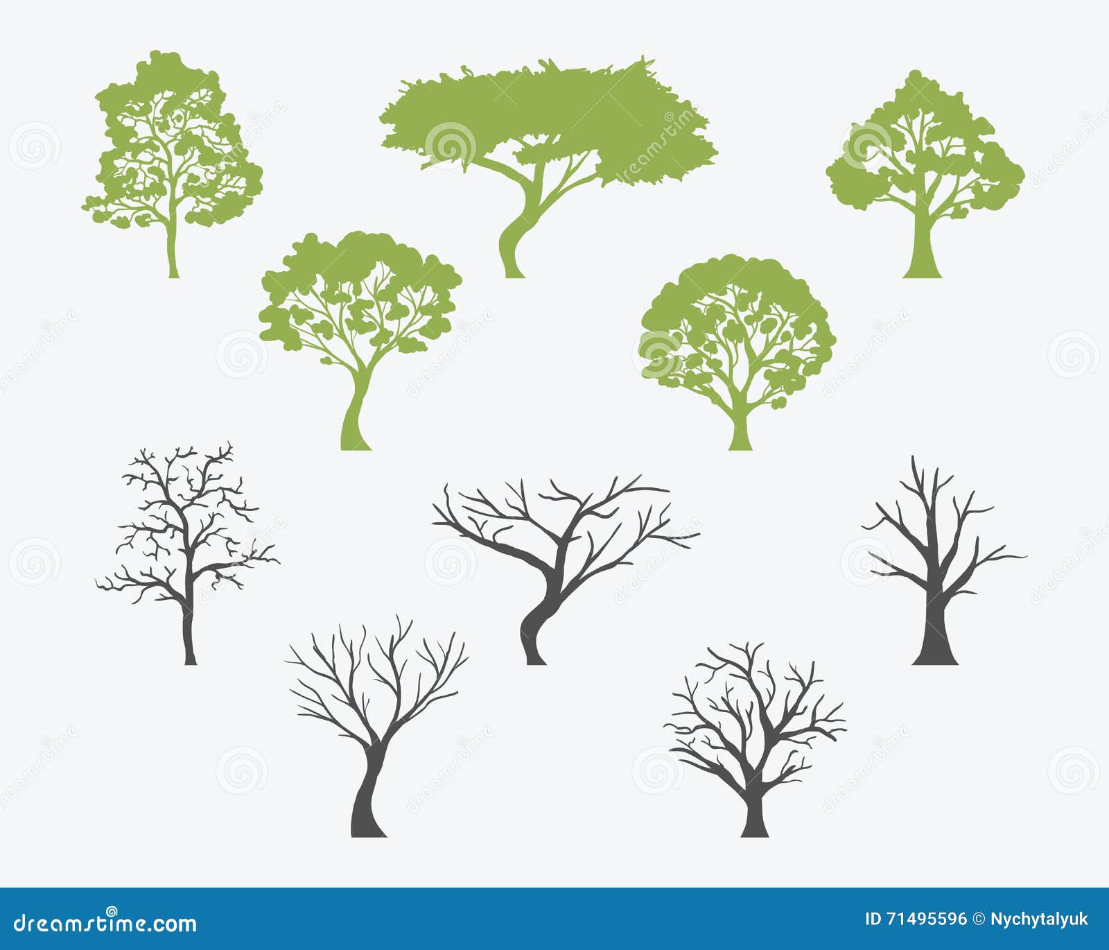Set of Trees Silhouettes with Leaves and Bare. Vector Stock Vector ...