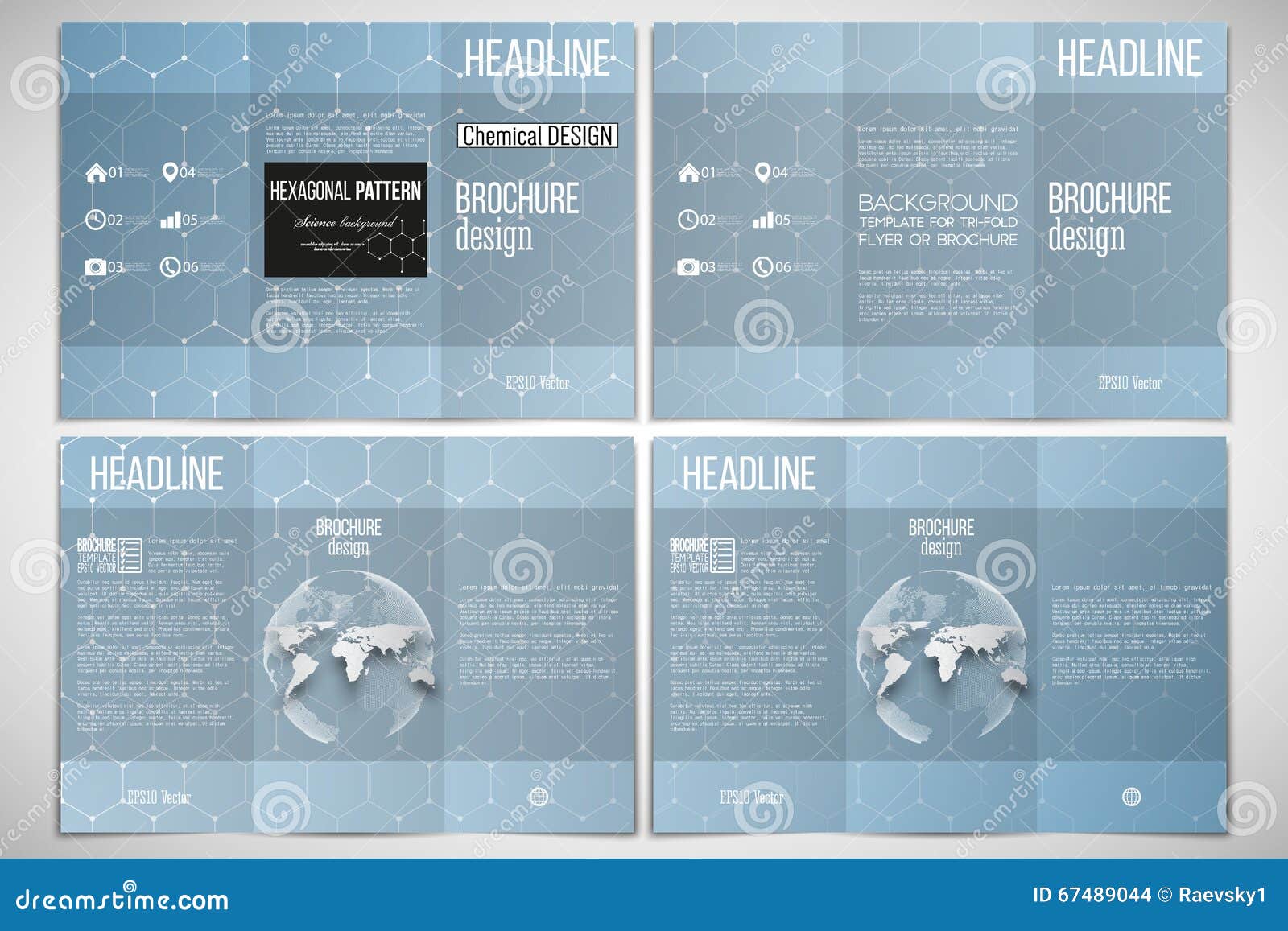 Set of Tri-fold Brochure Design Template on Both Sides with World Globe ...