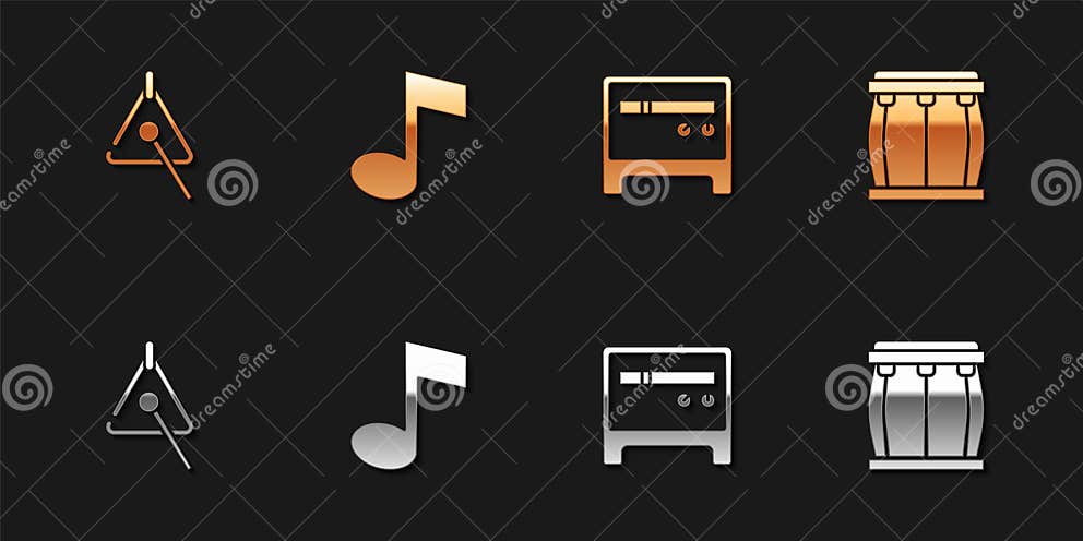 Set Triangle, Music Note, Tone, Guitar Amplifier and Drum Icon. Vector ...