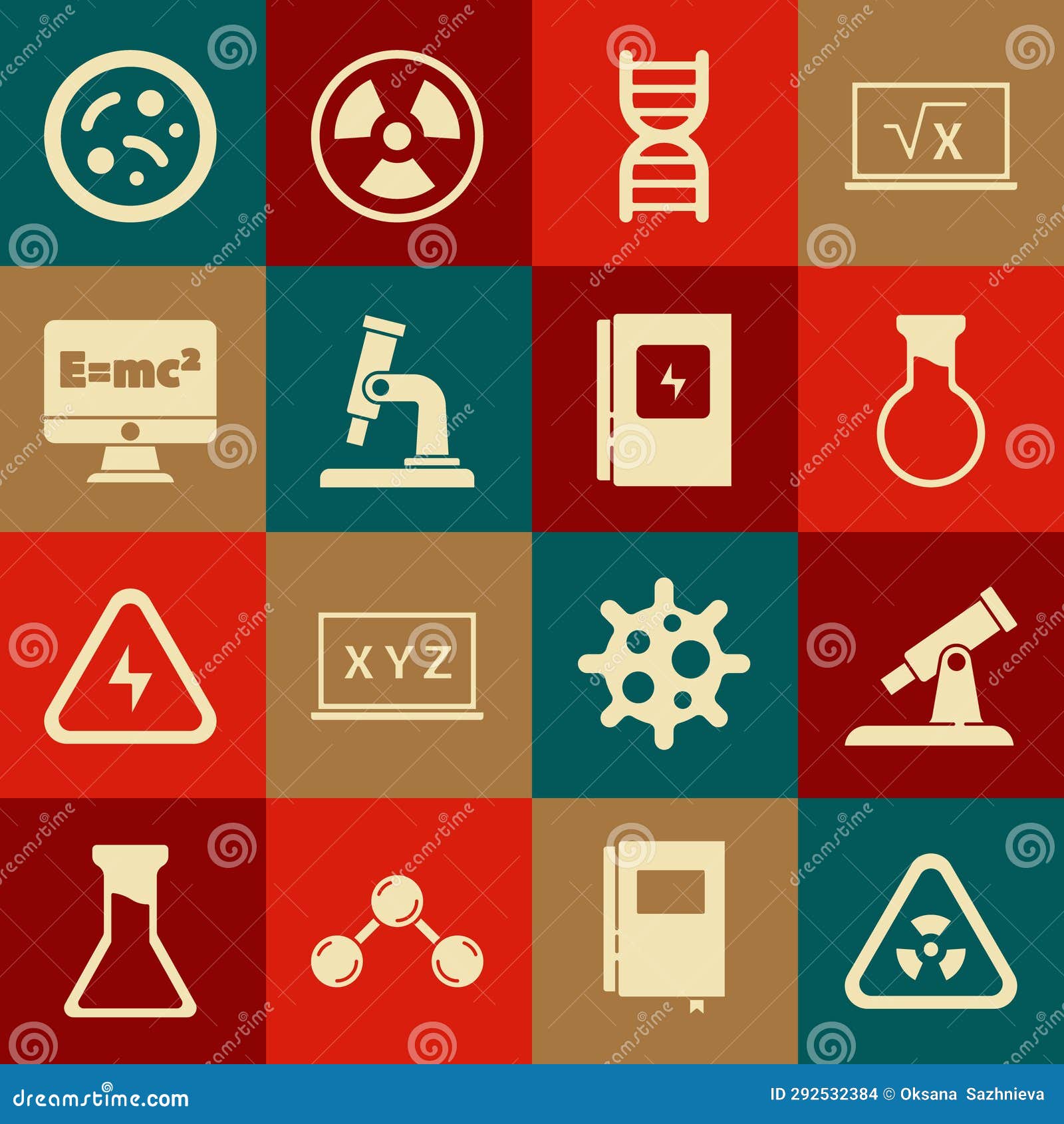 Set Triangle with Radiation, Telescope, Test Tube and Flask, DNA Symbol ...