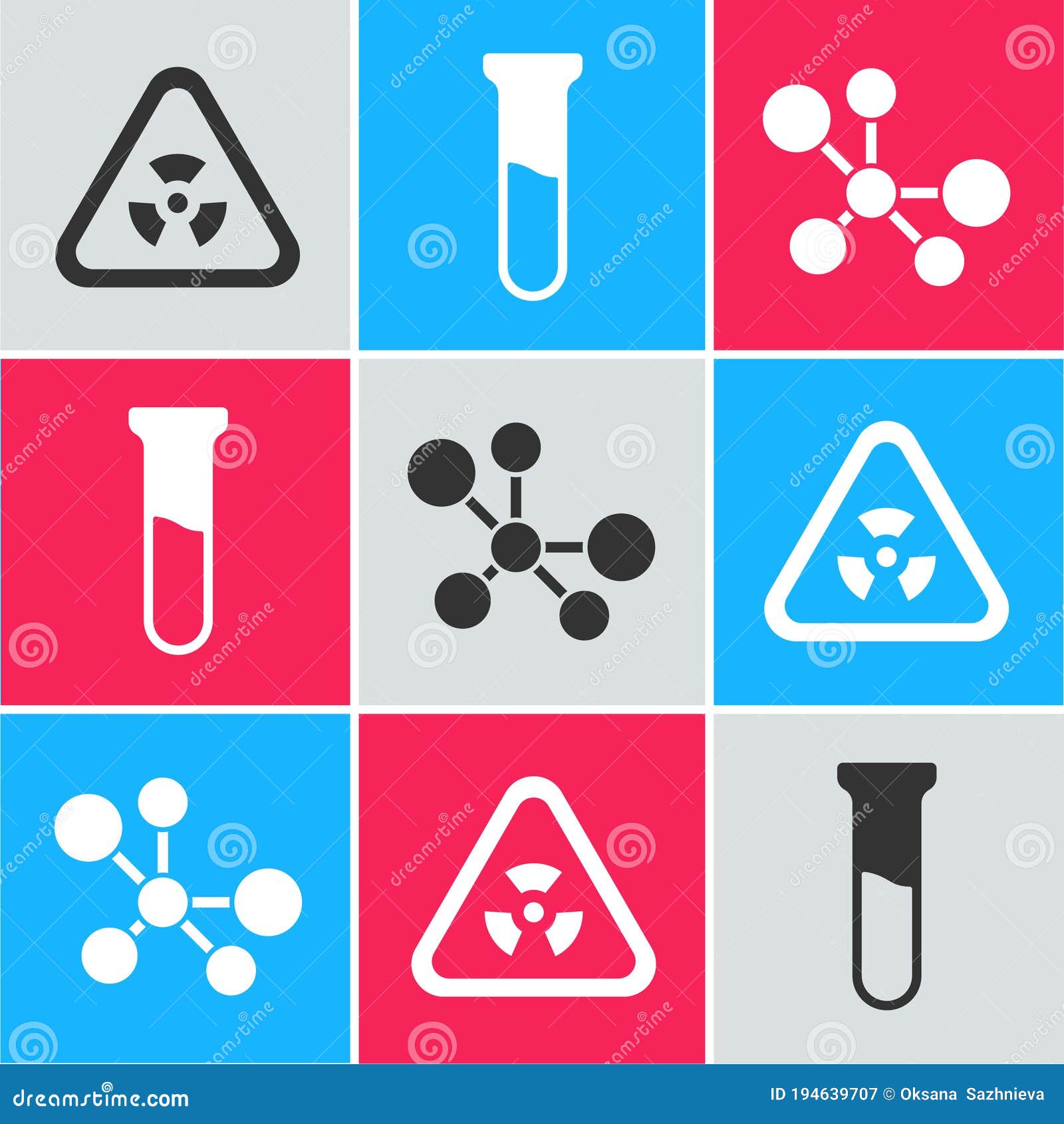 Set Triangle with Radiation, Test Tube and Flask and Molecule Icon ...