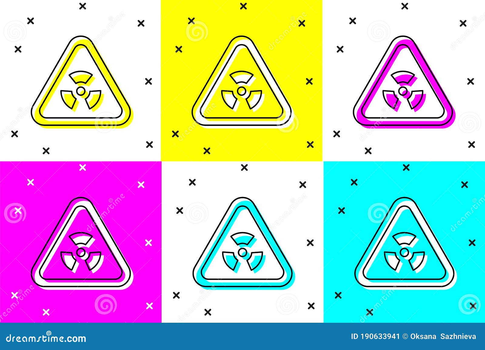 Set Triangle Sign with Radiation Symbol Icon Isolated on Color ...