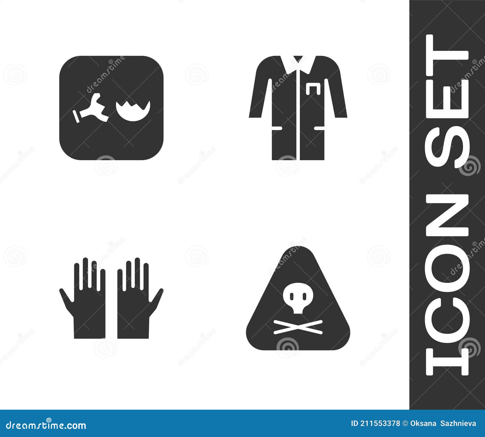 Set Triangle Warning Toxic, Broken Flask, Medical Rubber Gloves and ...