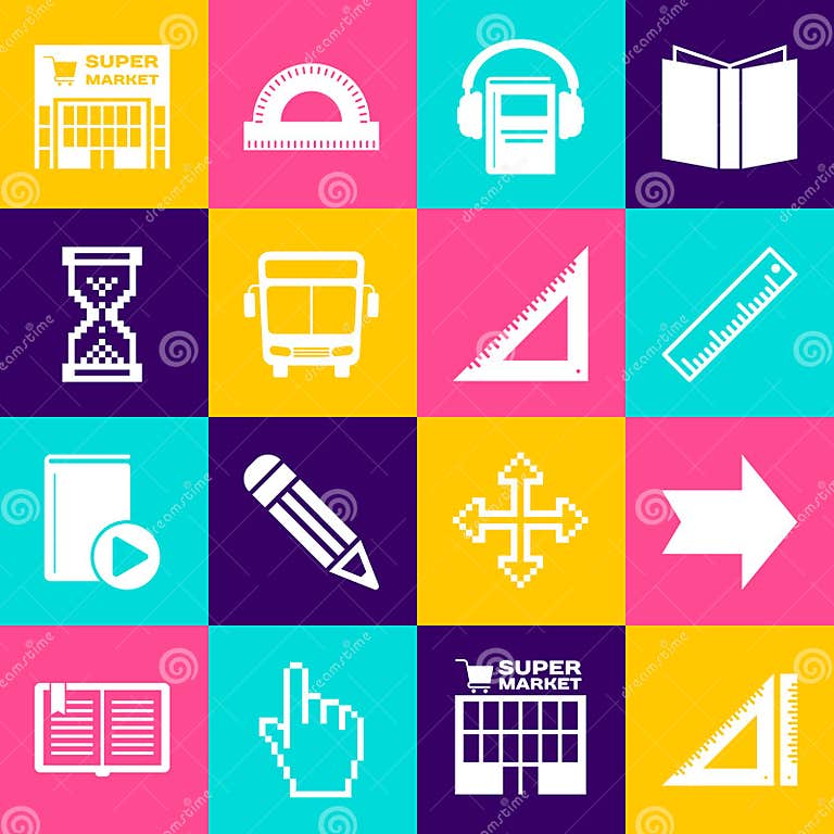 Set Triangular Ruler, Arrow, Ruler, Audio Book, Bus, Hourglass Pixel ... Set Triangular Ruler, Arrow, Ruler, Audio Book, Bus, Hourglass Pixel ...