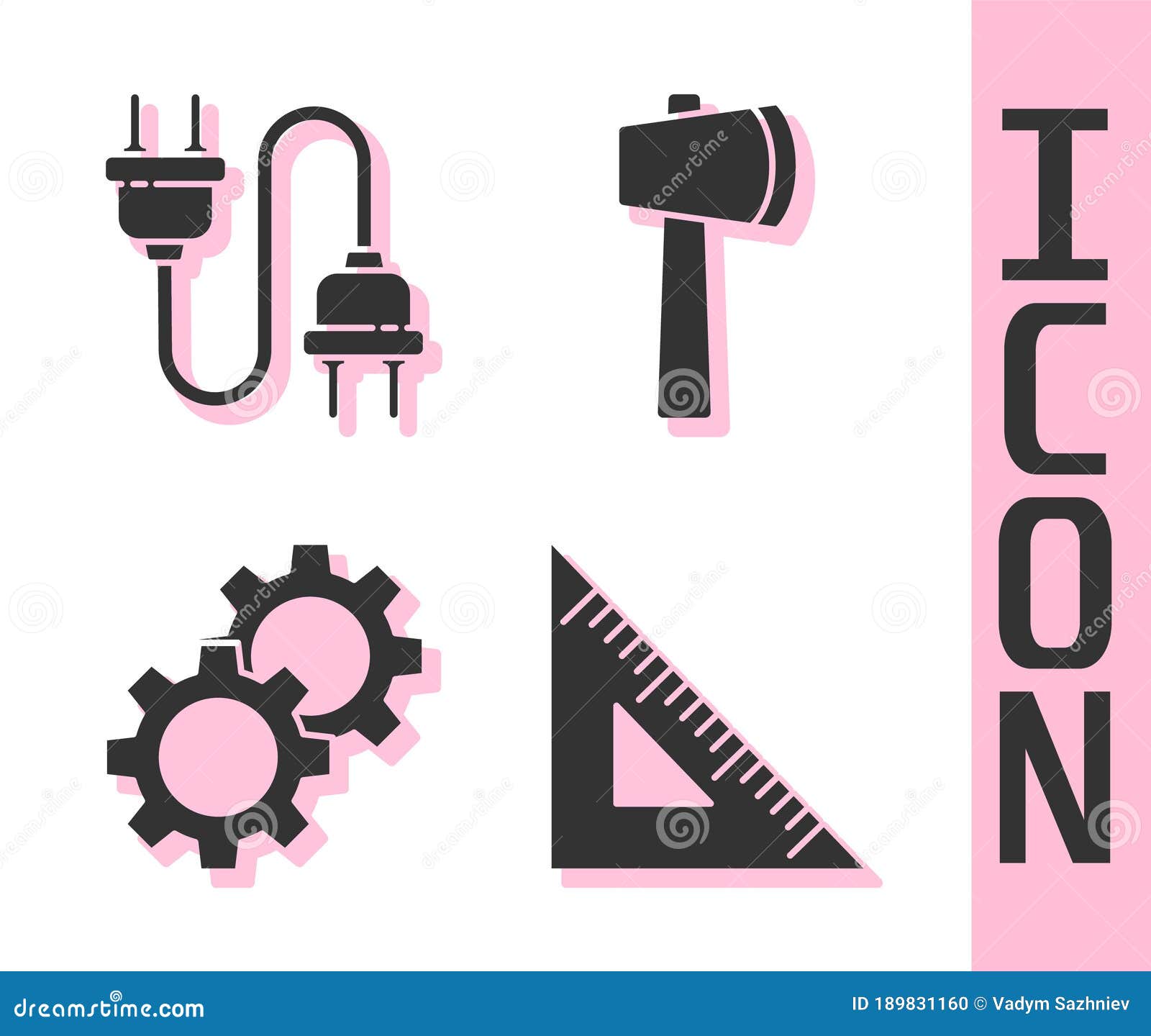 Set Triangular Ruler, Electric Plug, Gear and Wooden Axe Icon. Vector ...