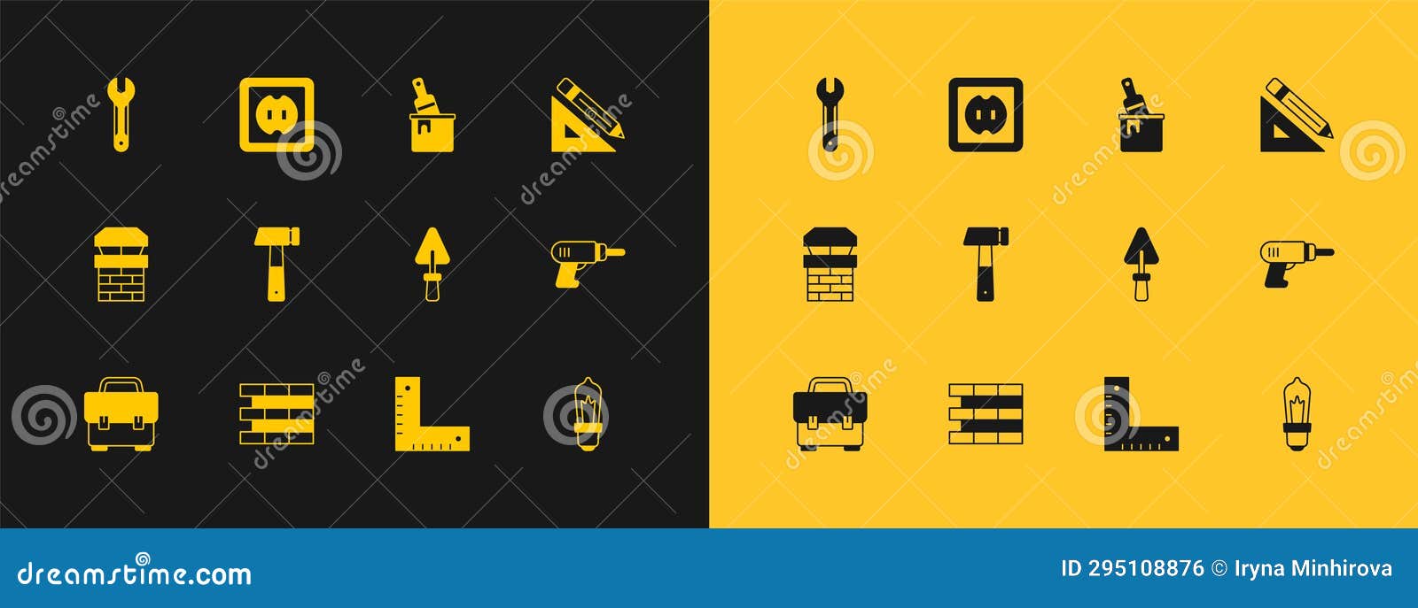Set Triangular Ruler and Pencil, Bricks, Trowel, Corner, Hammer, Paint ...