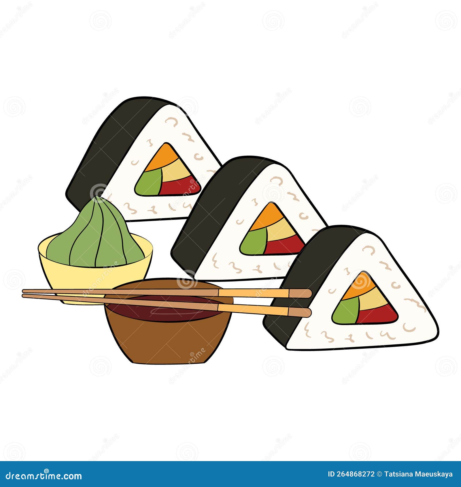 A Set of Triangular Shaped Sushi with Sauce and Wasabi and Chopsticks ...