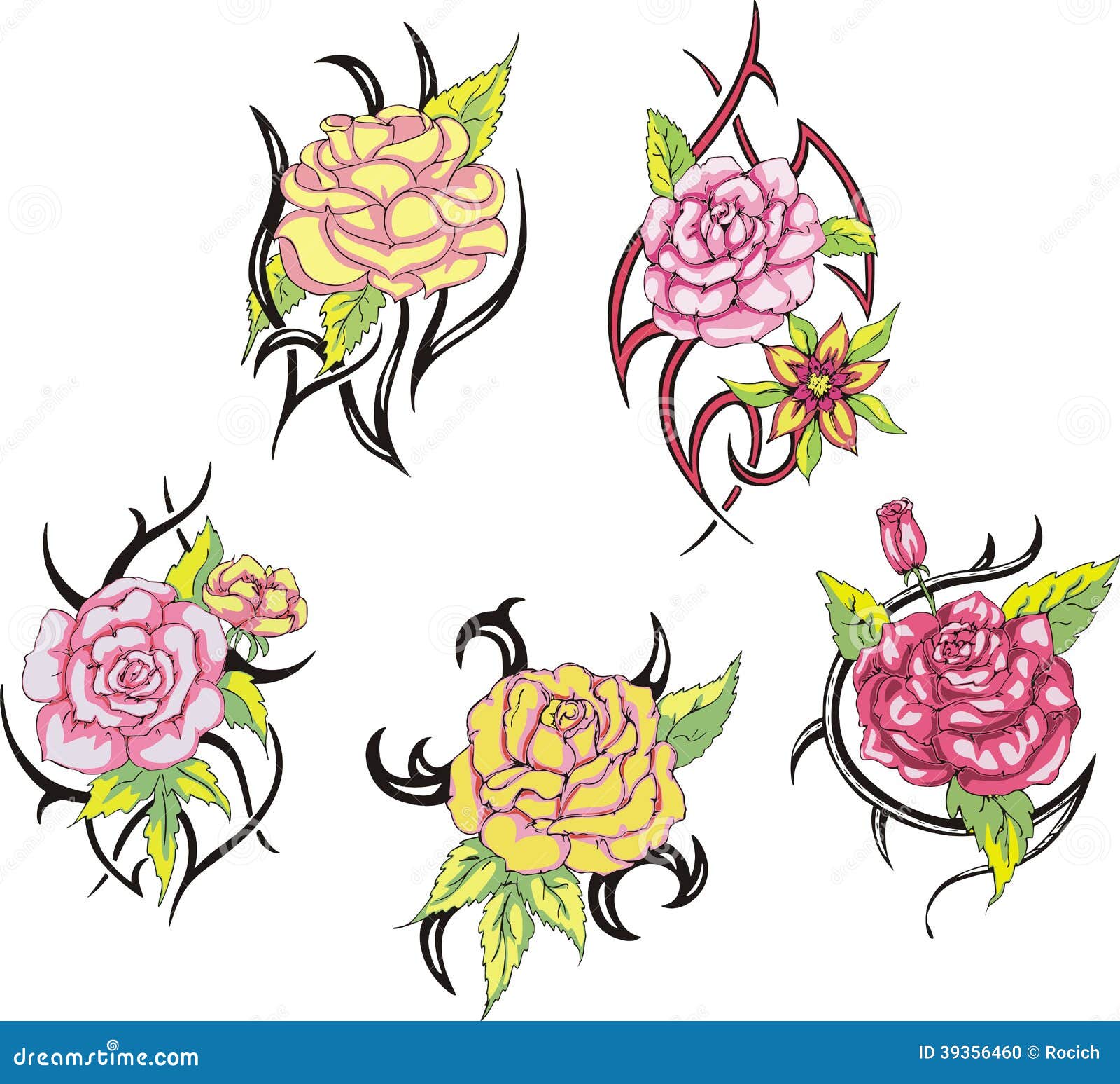 Set of Tribal Rose Flower Tattoos Stock Vector - Illustration of plant ...