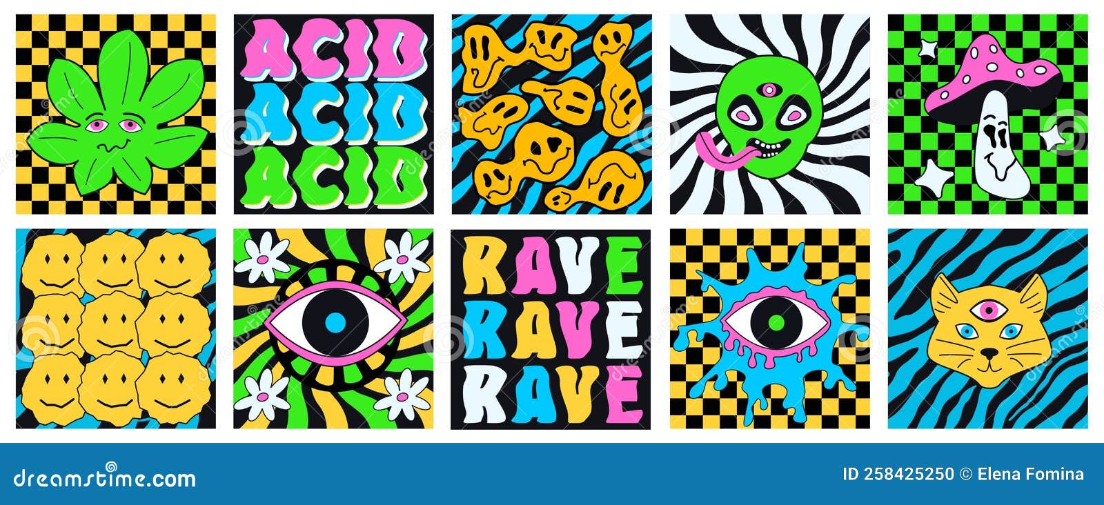 A Set of Trippy, Acid Design Elements with Psyhedelic Figures. Stock ...