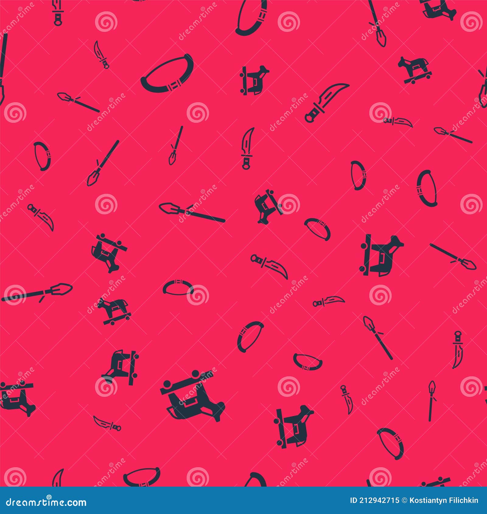 Set Trojan Horse, Medieval Bow, Spear and Dagger on Seamless Pattern ...