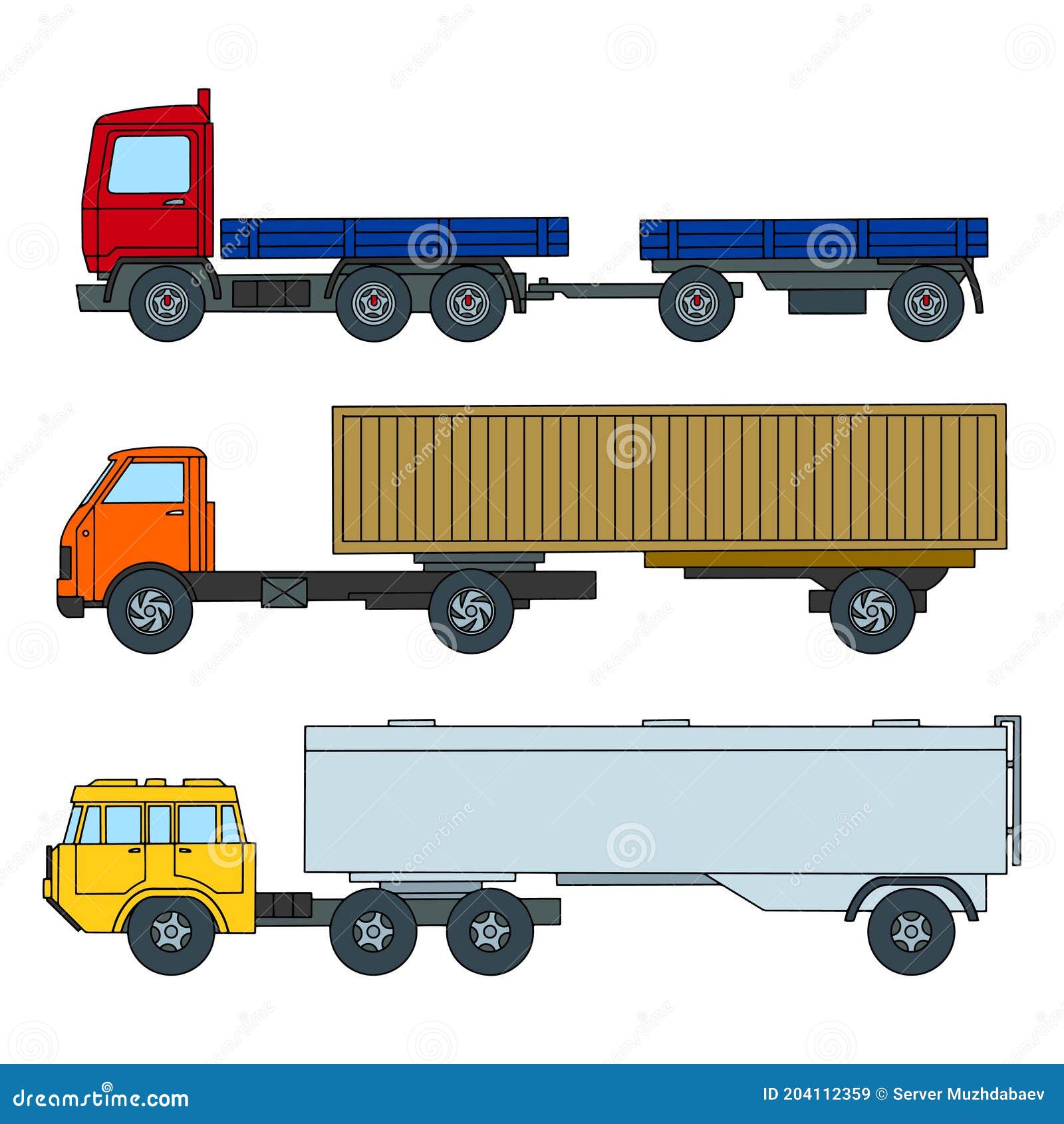 Set of Trucks with Trailers. Cartoon Style. Color Vector Illustration ...