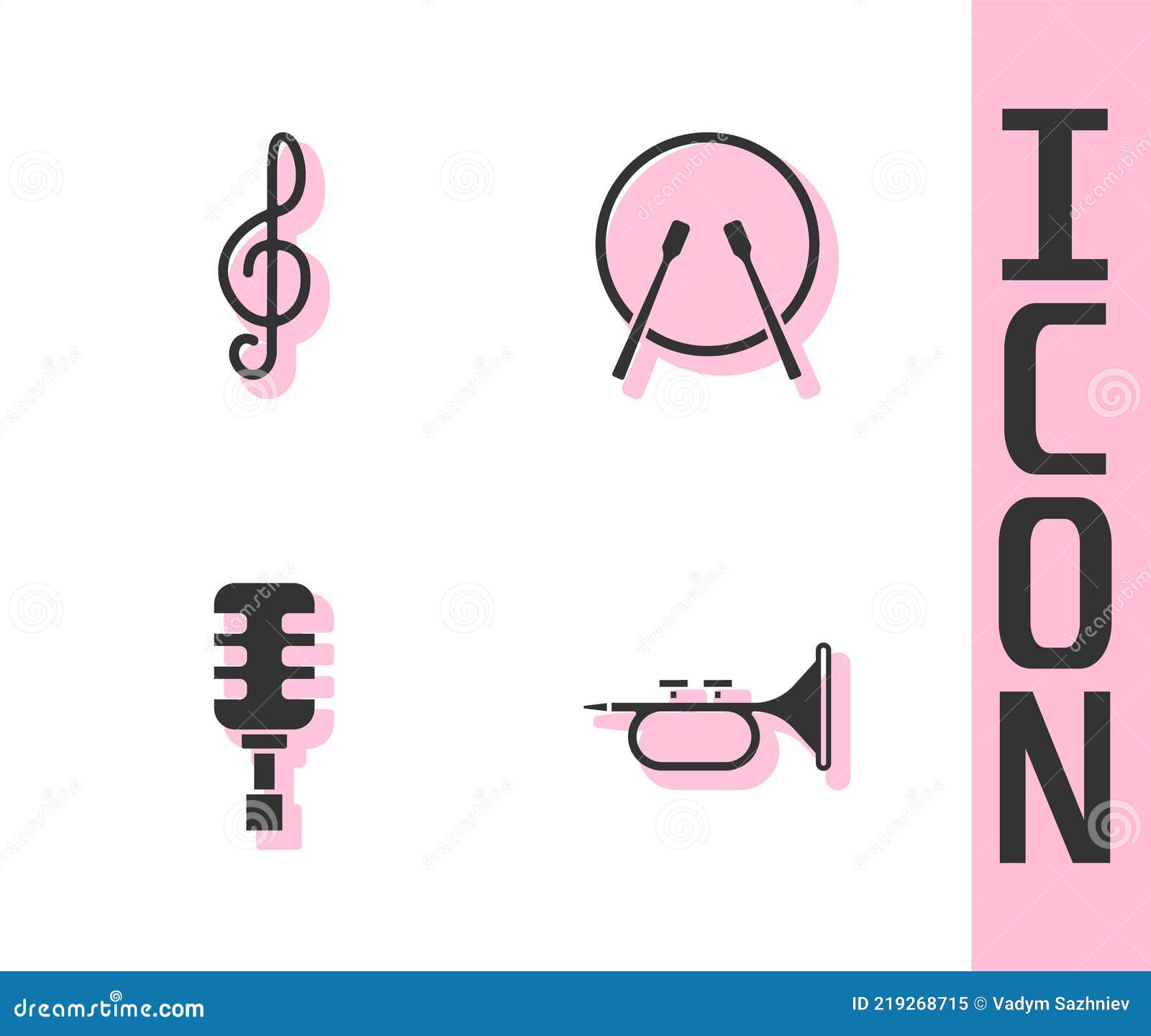 Set Trumpet, Treble Clef, Microphone and Drum and Drum Sticks Icon ...