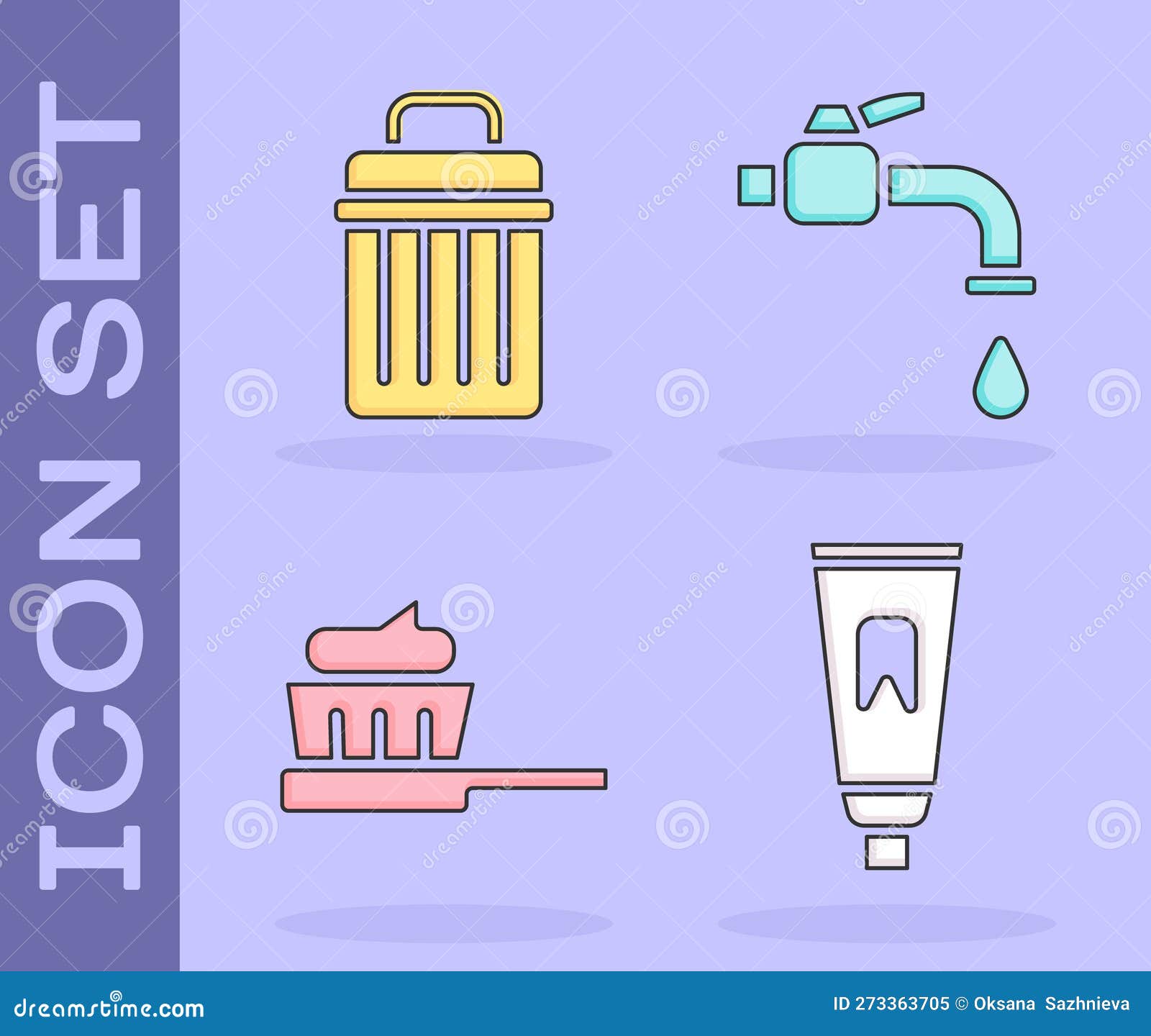 Set Tube of Toothpaste, Trash Can, Toothbrush with Toothpaste and Water ...