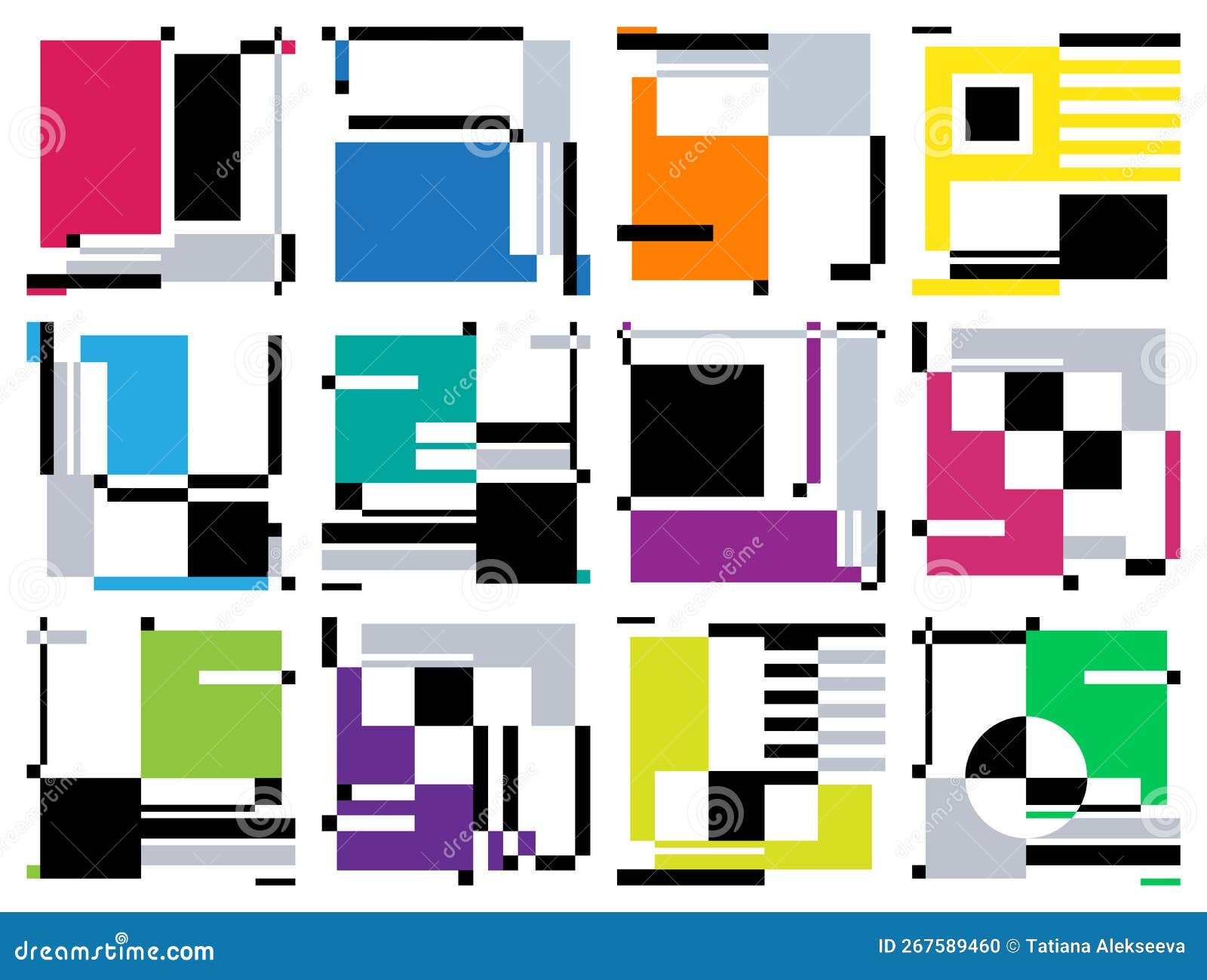 Set of Twelve Abstract Geometric Compositions. Colored Rectangles and ...