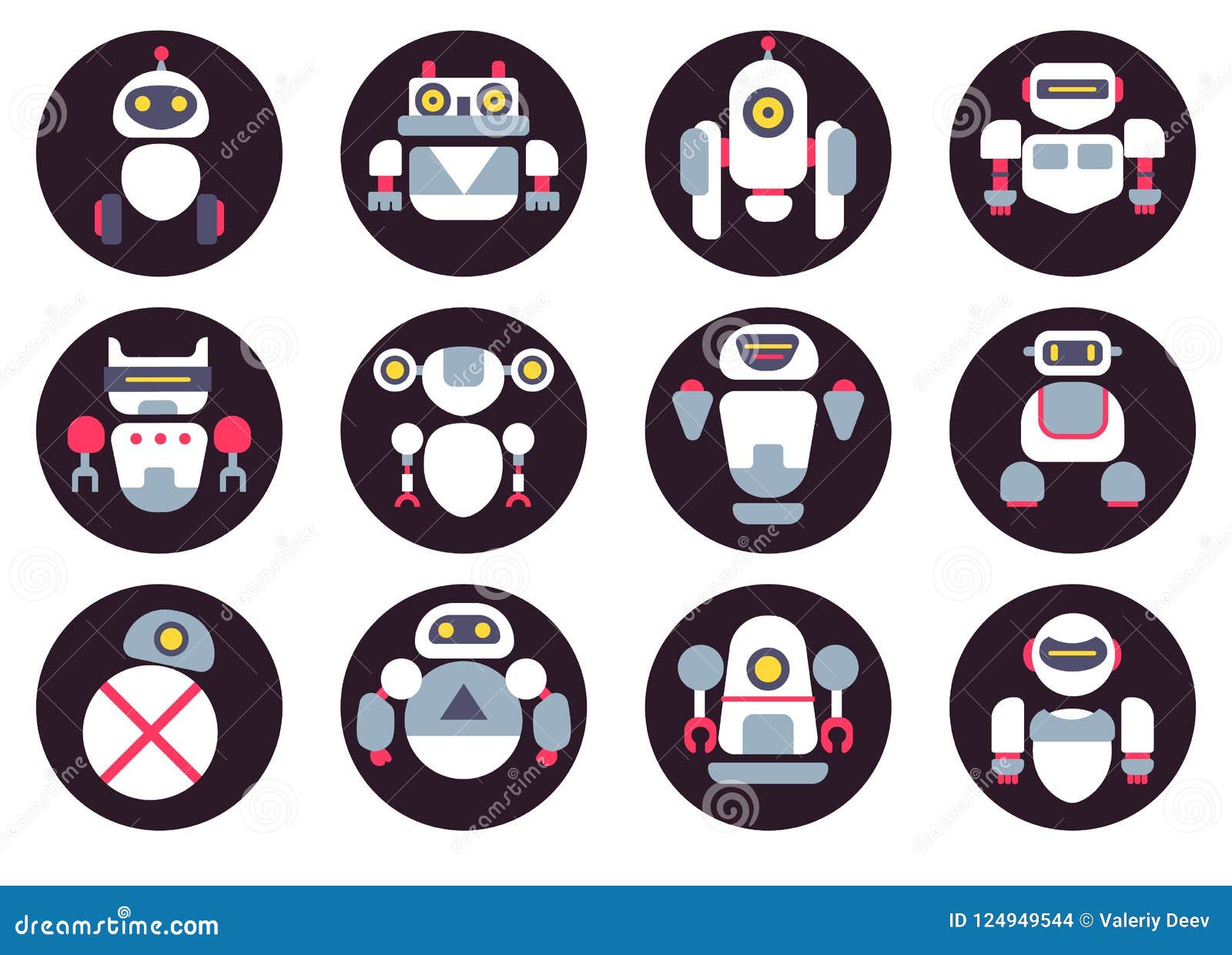 Set of Twelve Cute Flat Robots Icons Stock Vector - Illustration of ...