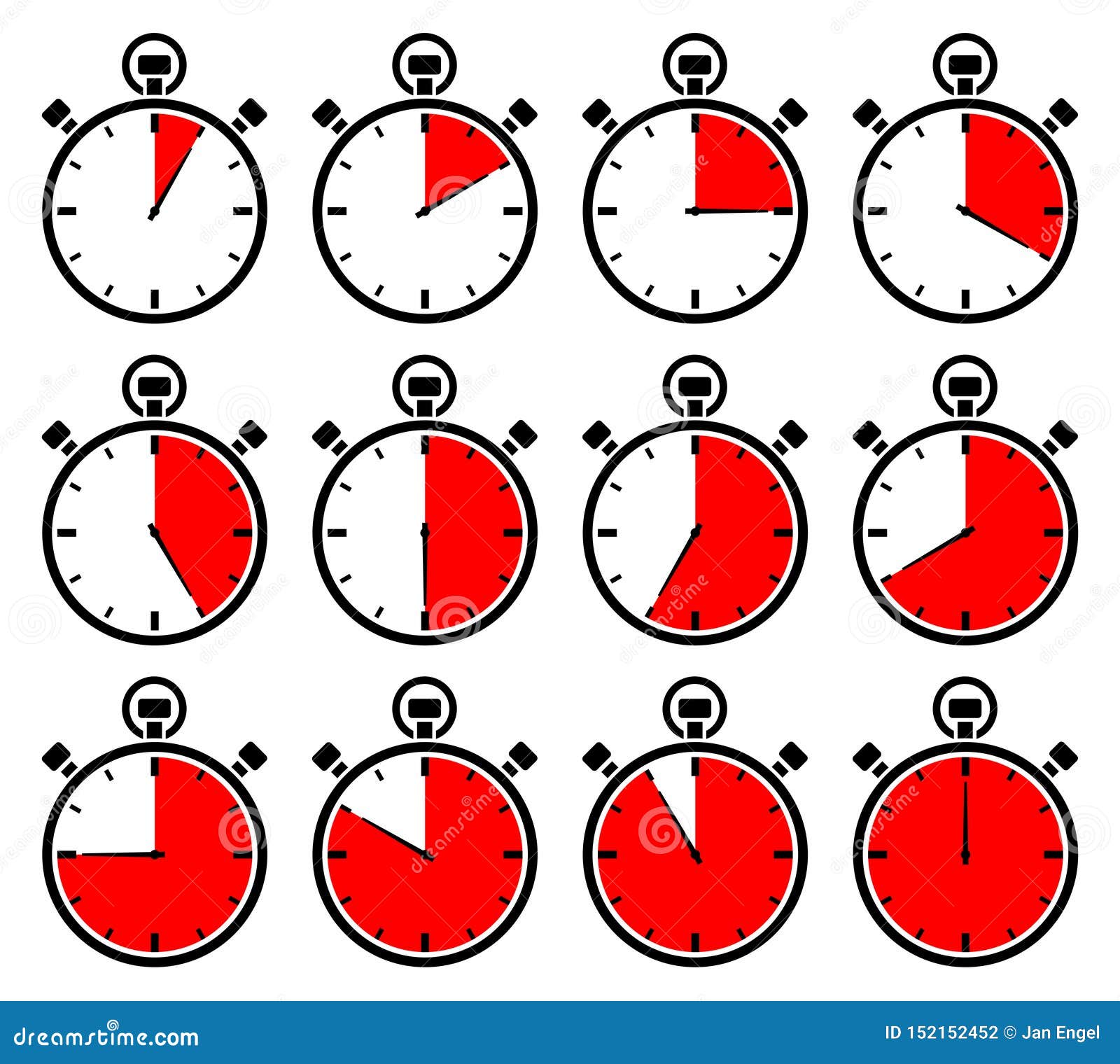 Set of Twelve Graphic Stopwatches Red Different Times Stock Vector ...