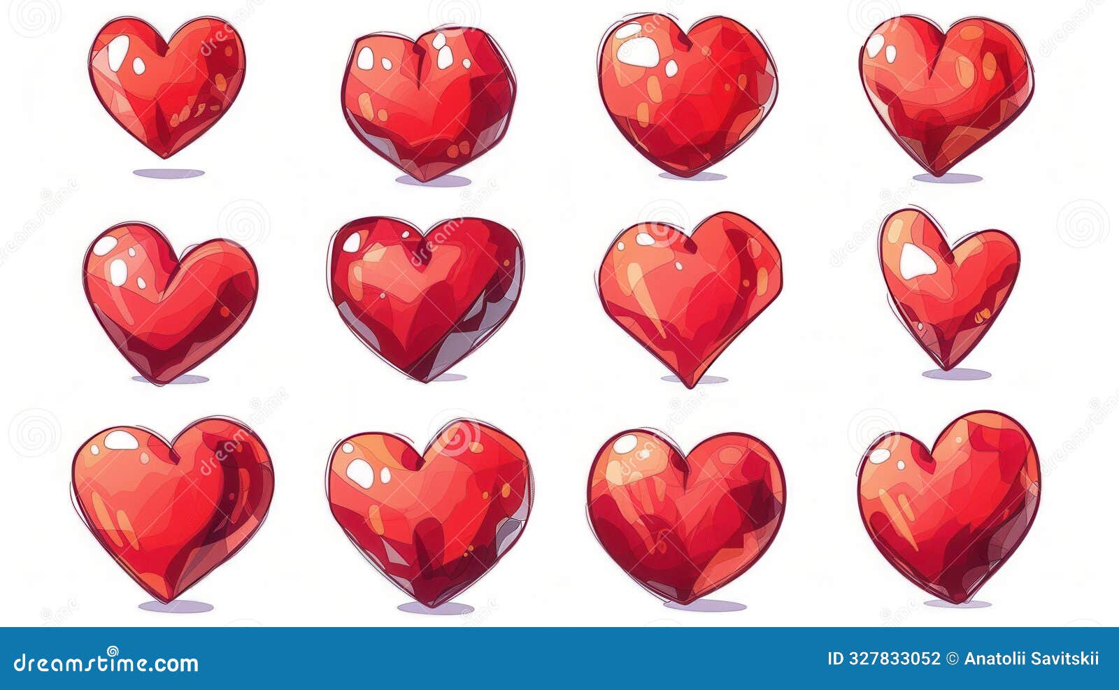 A Set of Twelve Red Hearts, Each with a Different Pose and Style ...