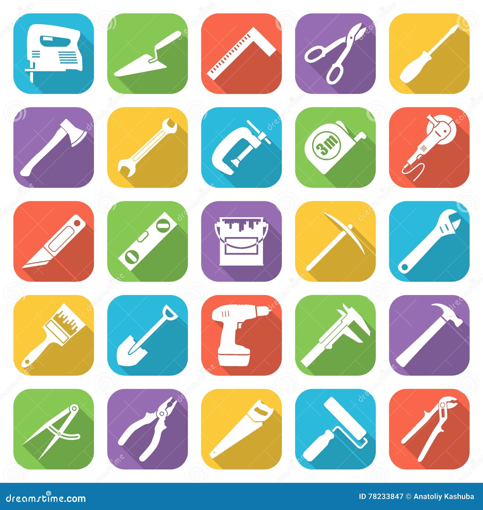 Set of Twenty Five Flat Style Tools Icons on a Different Color Stock ...